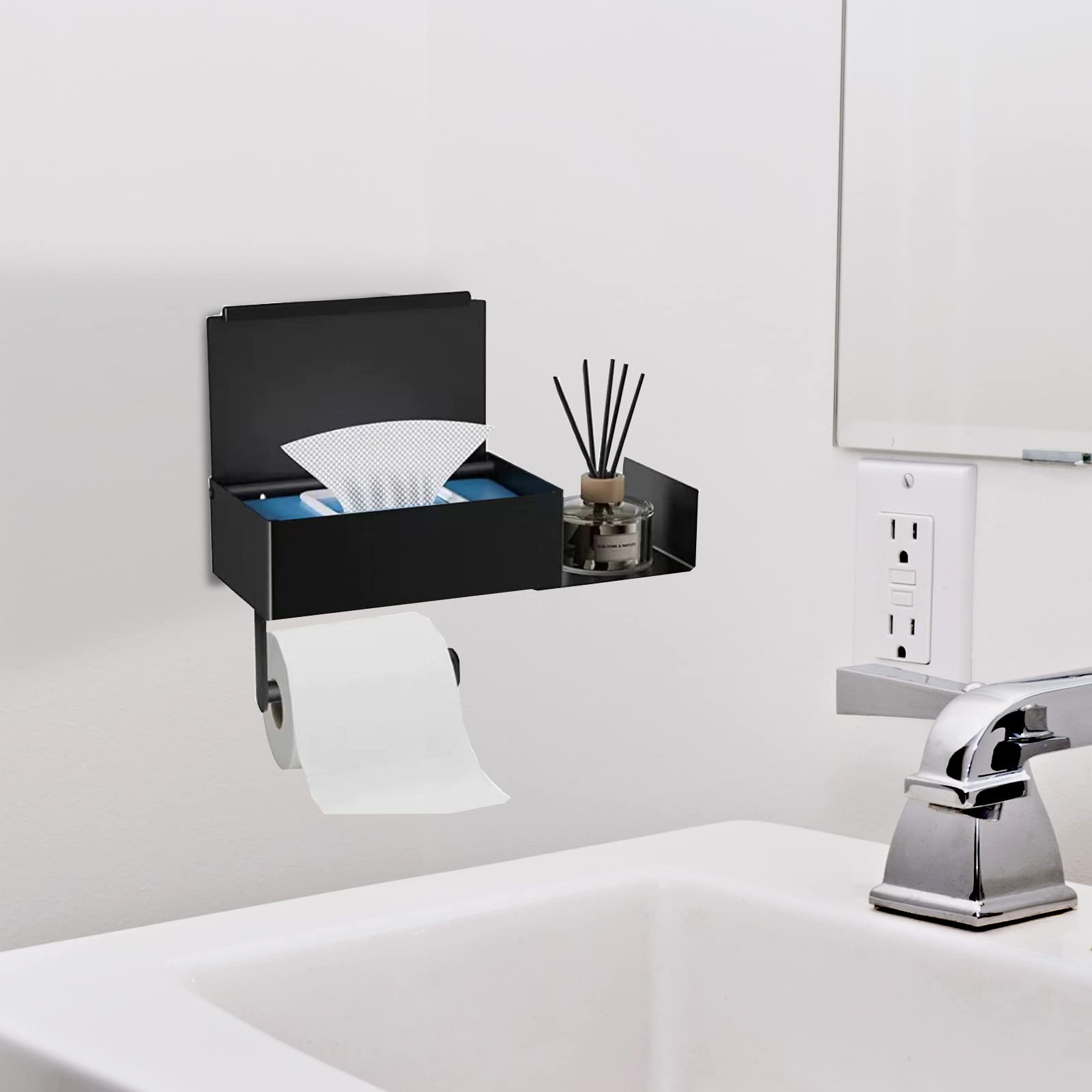 Toilet Paper Holder with Phone Shelf, Multifunctional Tissue Holder with Wipes Dispenser, Stainless Steel Tissue Roll Adhesive or Screw Wall Mounted Storage for Washroom Bathroom Organizer, Black