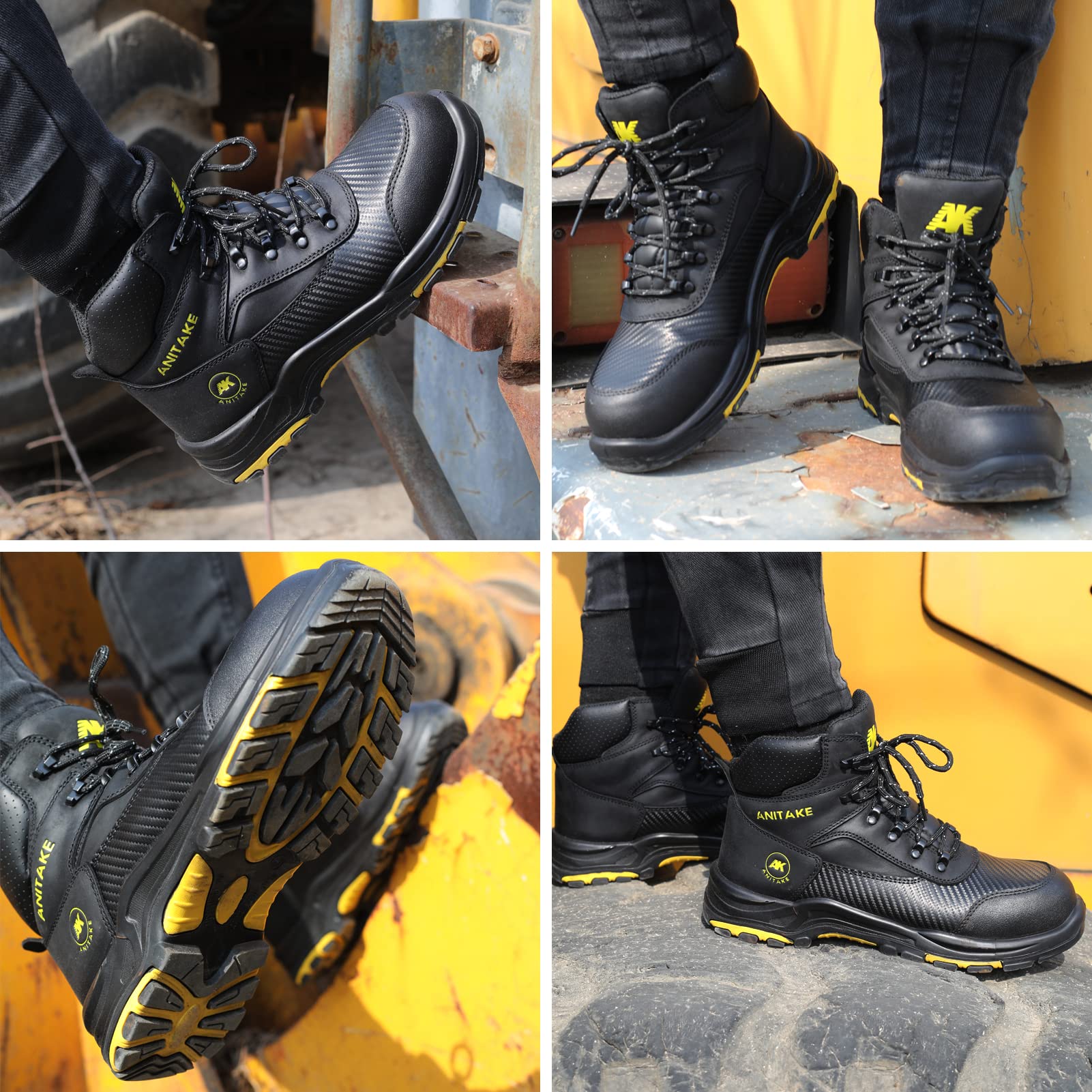 ANITAKE Steel Toe Work Boots, 6 Inch Leather Non-Slip Construction Boots for Men Safety Industrial Construction Boots for Men Puncture Resistance Work Shoes