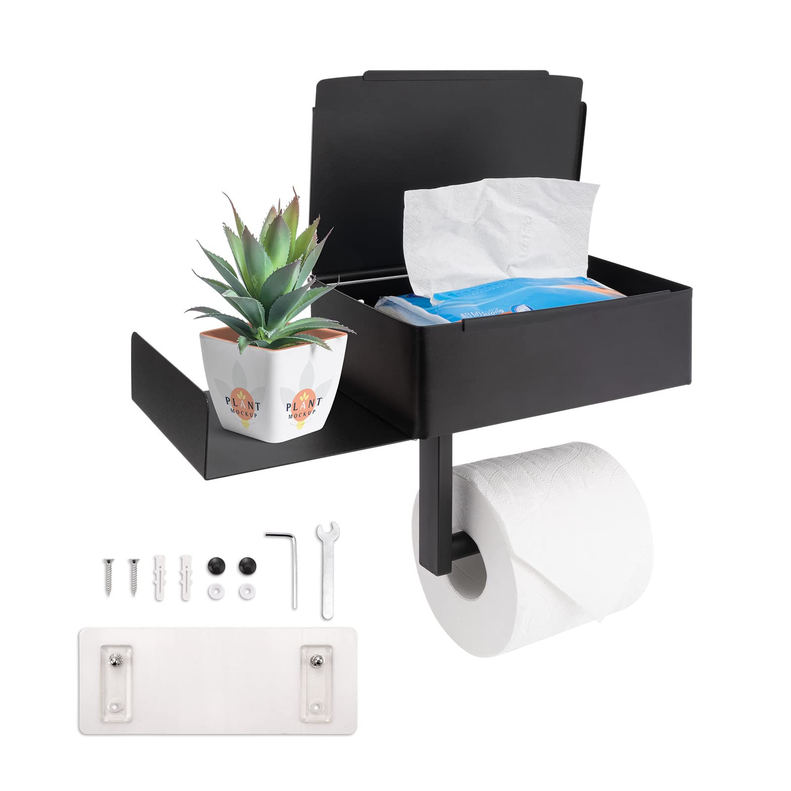 Toilet Paper Holder with Phone Shelf, Multifunctional Tissue Holder with Wipes Dispenser, Stainless Steel Tissue Roll Adhesive or Screw Wall Mounted Storage for Washroom Bathroom Organizer, Black