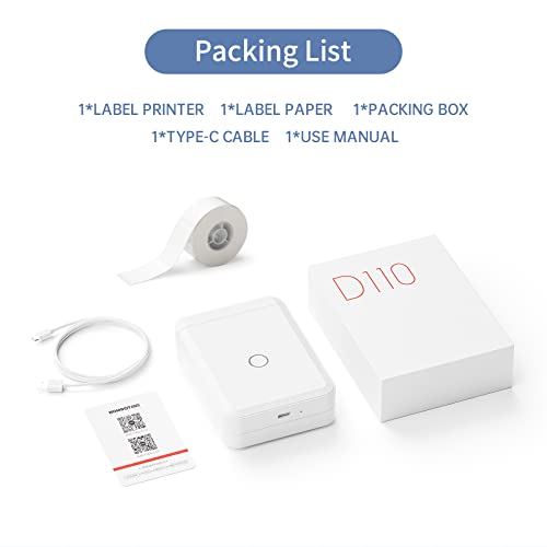 Label Maker Machine with Tape, D110 Portable Bluetooth Label Printer, Small Smart Phone Handheld Sticker Mini Labeler, Easy to Use Inkless Office Home Organization USB Rechargeable