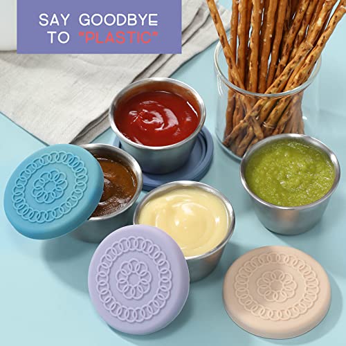 [8 Pack] Salad Dressing Container To Go, 2.4oz Small Condiment Containers with Lids, Reusable Stainless Steel Sauce Cups Containers, Leakproof Silicone Lids for Lunch Bento Box, Picnic and Travel