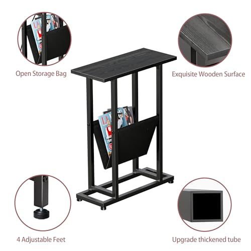 LAKEMID Narrow Side Table Set of 2, Skinny End Table with Magazine Holder, Thin Bedside Table for Small Spaces Living Room, Small Nightstands Bedroom, Black