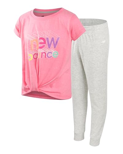New Balance Girls' Jogger Set - Short Sleeve Performance T-Shirt and Sweatpants (7-16), Size 10-12, Pink Gret