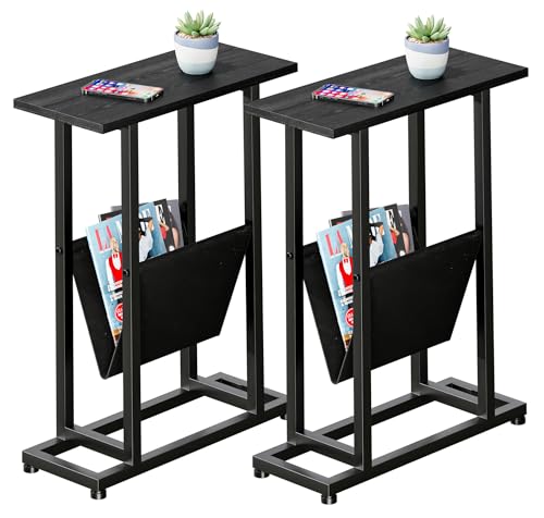 LAKEMID Narrow Side Table Set of 2, Skinny End Table with Magazine Holder, Thin Bedside Table for Small Spaces Living Room, Small Nightstands Bedroom, Black