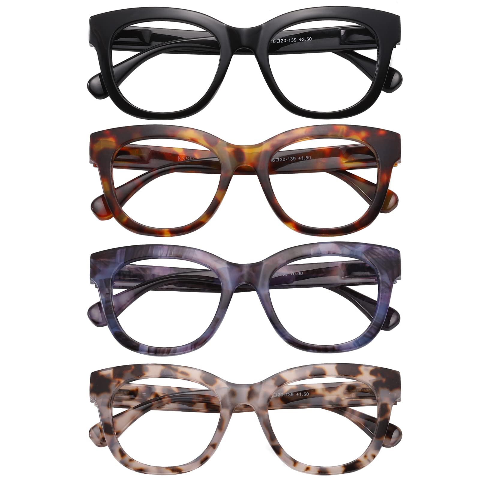 KSSESSE Reading Glasses for Women Men Square Oval Readers with Spring Hinge Thick Frame Style (Mixed Colors-C1, 0.00, x)