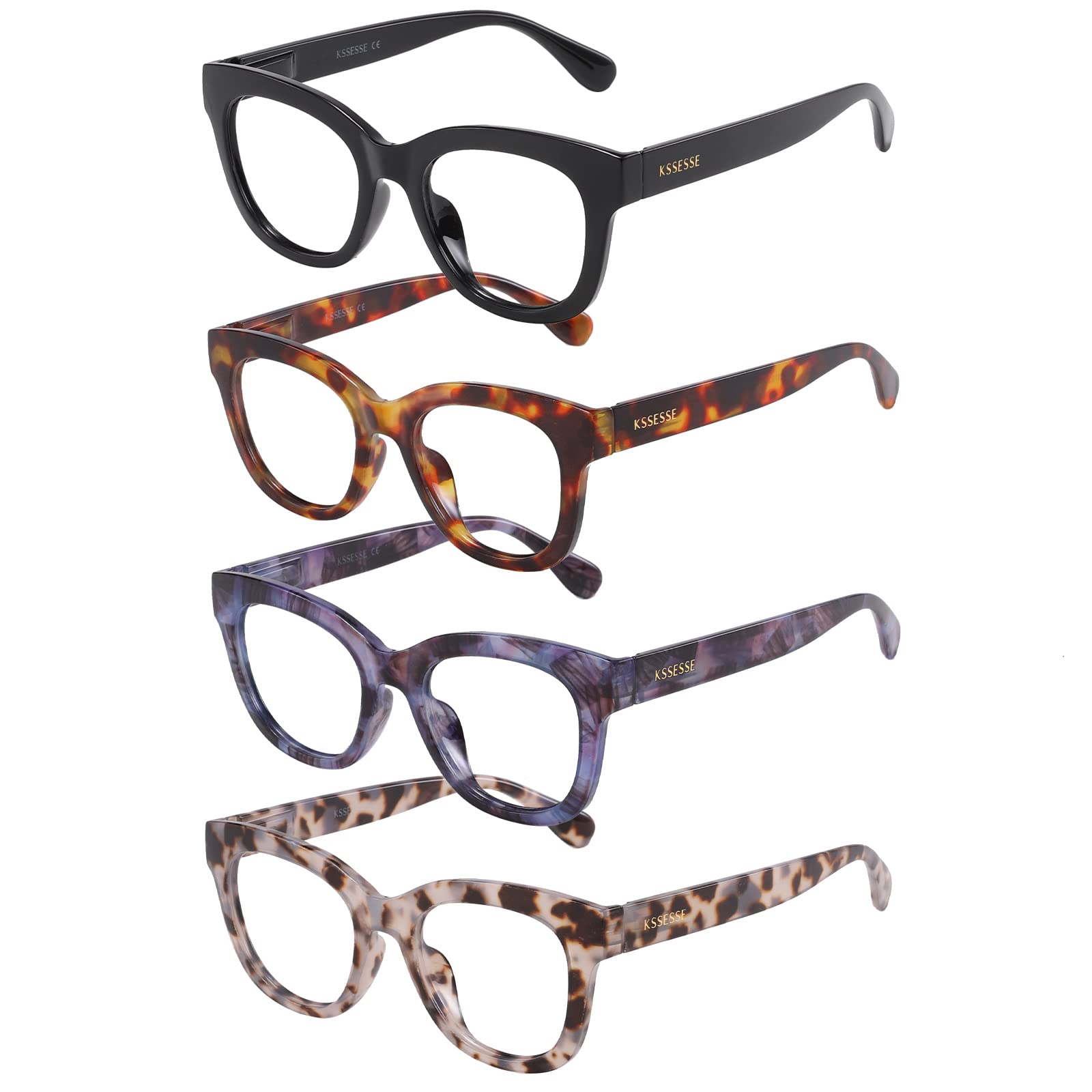 KSSESSE Reading Glasses for Women Men Square Oval Readers with Spring Hinge Thick Frame Style (Mixed Colors-C1, 0.00, x)