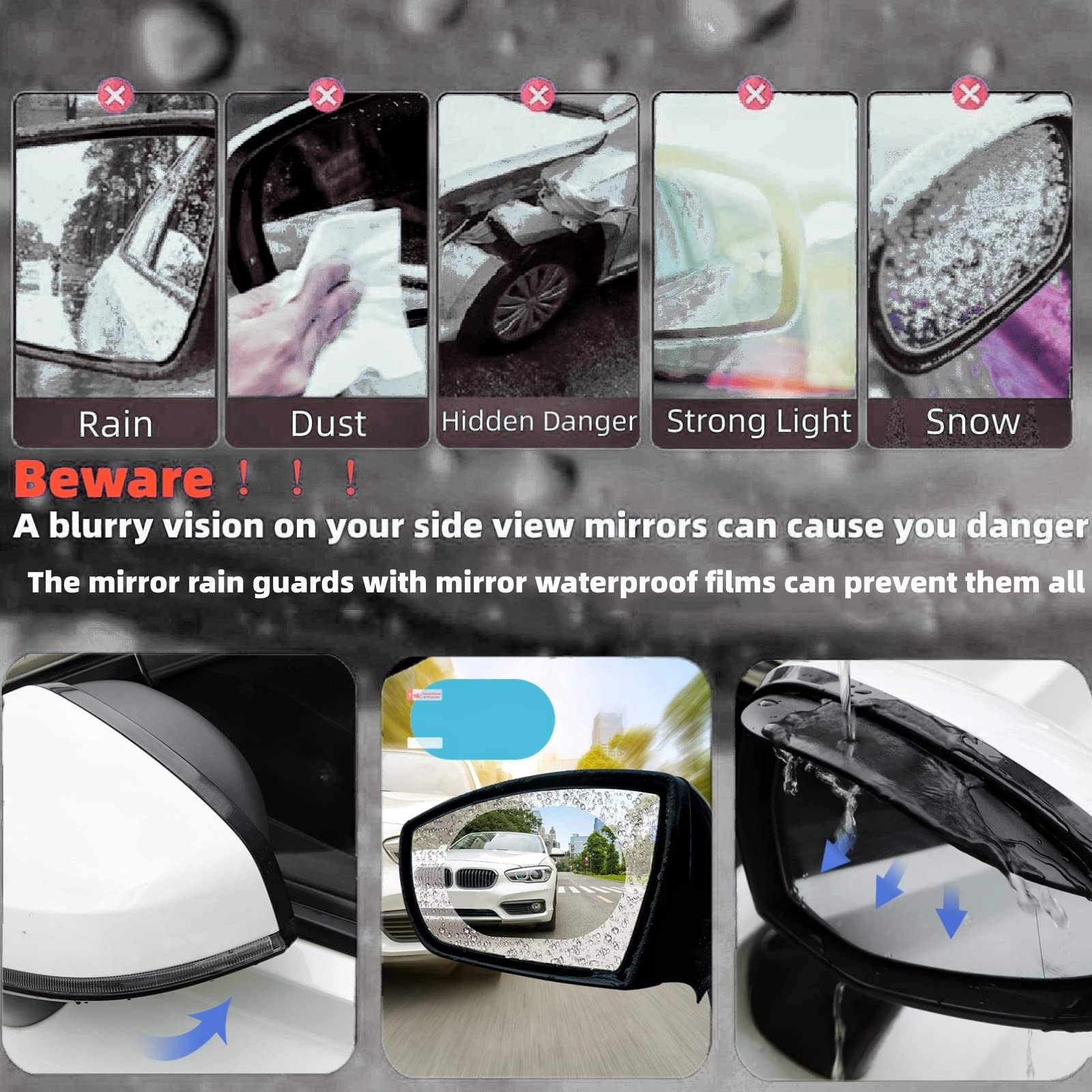 2 Pcs Mirror Rain Visor Eyebrow 2 Pcs Car Waterproof Film Anti Rain Mirror Film,Waterproof Auto Mirror Rain Visor Guard for Most Car Truck SUV