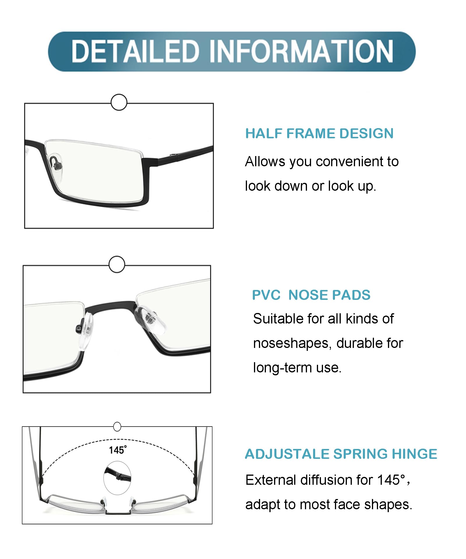 SDPIQDS 2 Pairs Half Moon Frame Reading Glasses Blue Light Blocking,Semi Rim Spring Hinge Metal Readers with Cases Women Men 2.0X