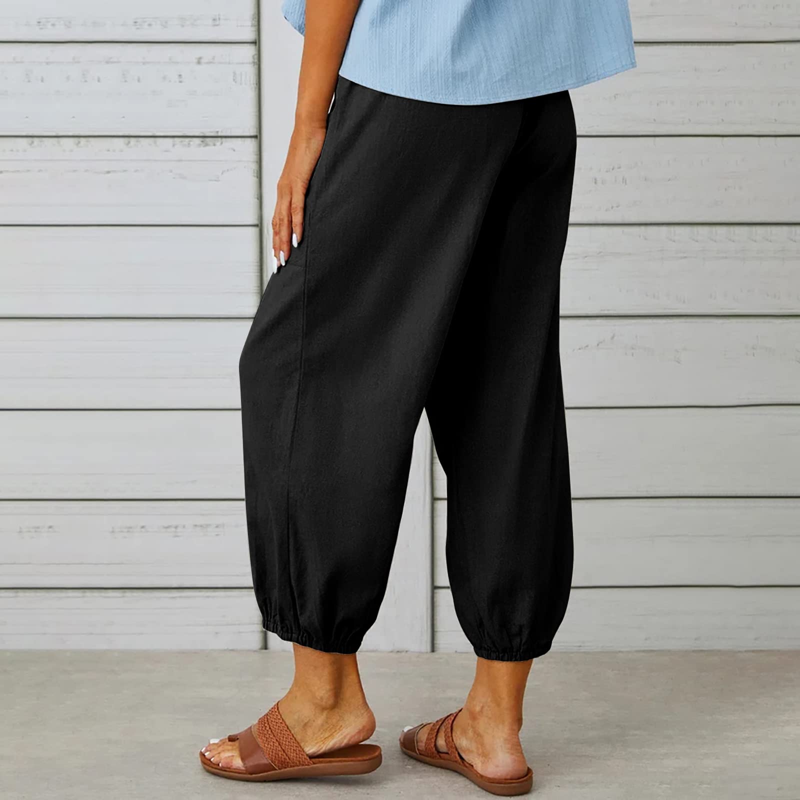 Womens Casual Capri Pants Elastic Waist Drawstring Summer Lounge Baggy Trousers Cinch Bottom Lantern Ankle Pants with Pockets