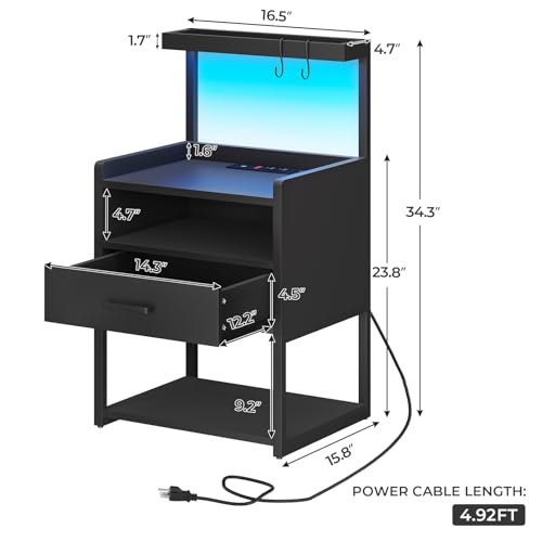 VIAGDO Nightstand with Charging Station and LED Lights, Black Night Stand with Drawer, Modern End Side Table with Open Storage Shelves, Bedside Tables for Bedroom, Office
