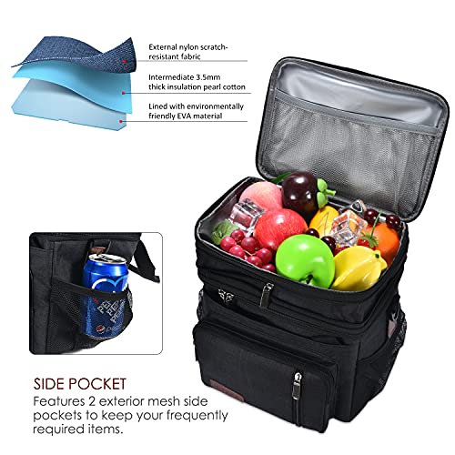 MIYCOO Lunch Bag for Women Men Double Deck Lunch Box - Leakproof Insulated Soft Large Lunch Cooler Bag, (Black,15L )