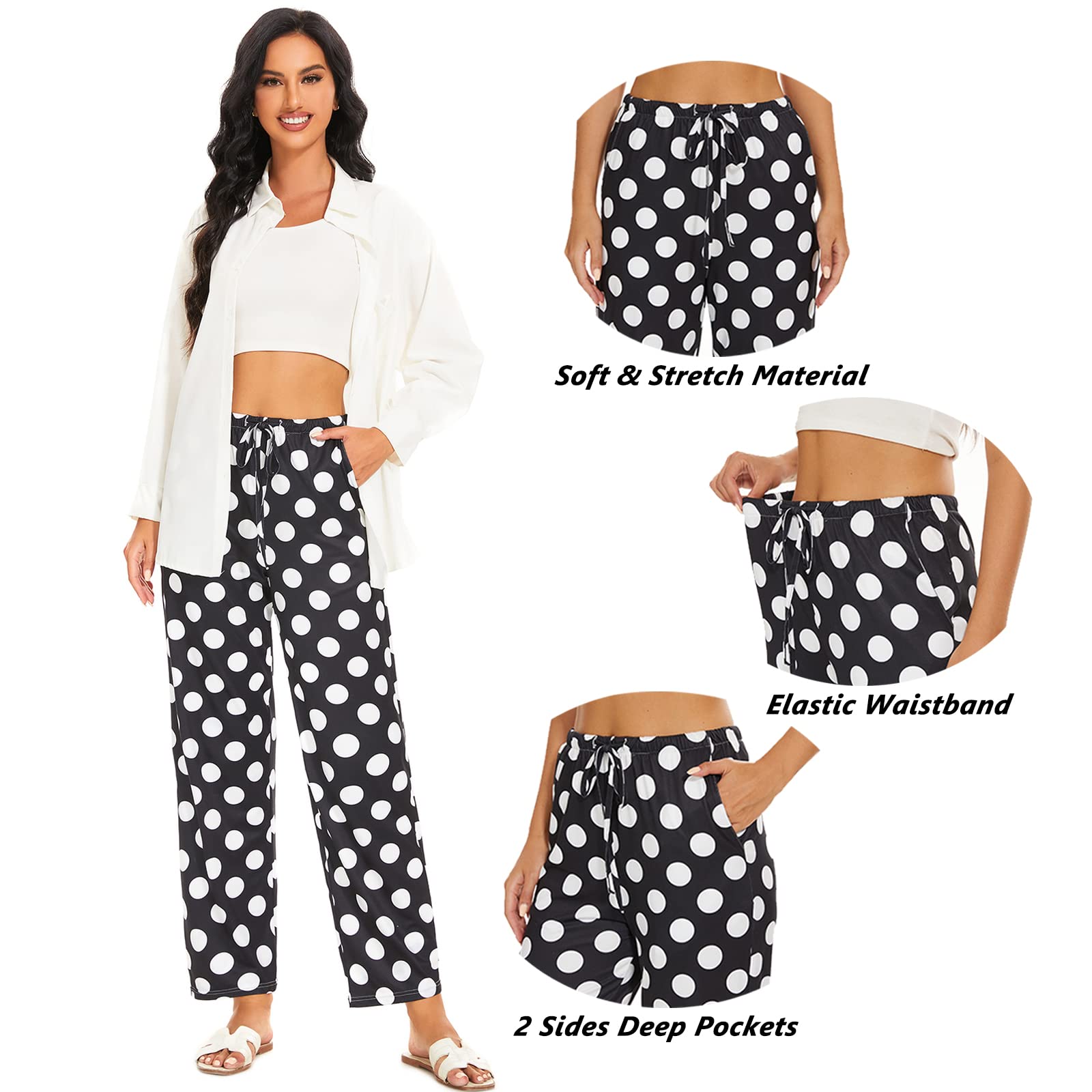 iniber Comfy Pajama Pants for Women, Stretch Drawstring Lounge Pants with Pockets, Soft Casual Loose Yoga Pants Wide Leg Pjs Bottoms, Polka Dot, Large