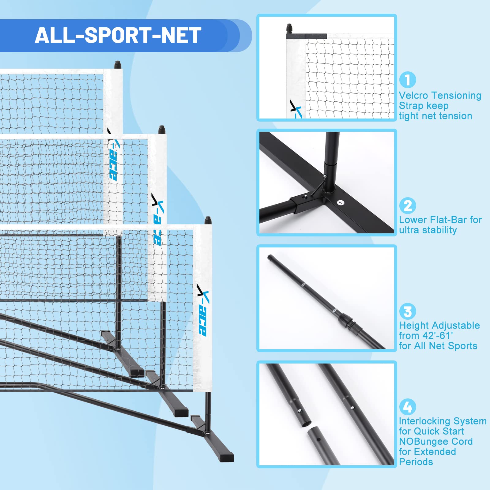 X-ACE Portable Badminton Net 20FT- Adjustable Height Badmitton Net for Tennis, Soccer Tennis, Pickleball- Durable Construction&Easy Set-Up (2023NET)