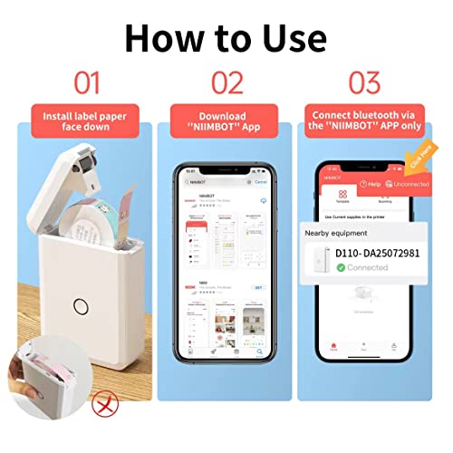 Label Maker Machine with Tape, D110 Portable Bluetooth Label Printer, Small Smart Phone Handheld Sticker Mini Labeler, Easy to Use Inkless Office Home Organization USB Rechargeable