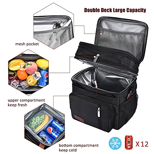 MIYCOO Lunch Bag for Women Men Double Deck Lunch Box - Leakproof Insulated Soft Large Lunch Cooler Bag, (Black,15L )