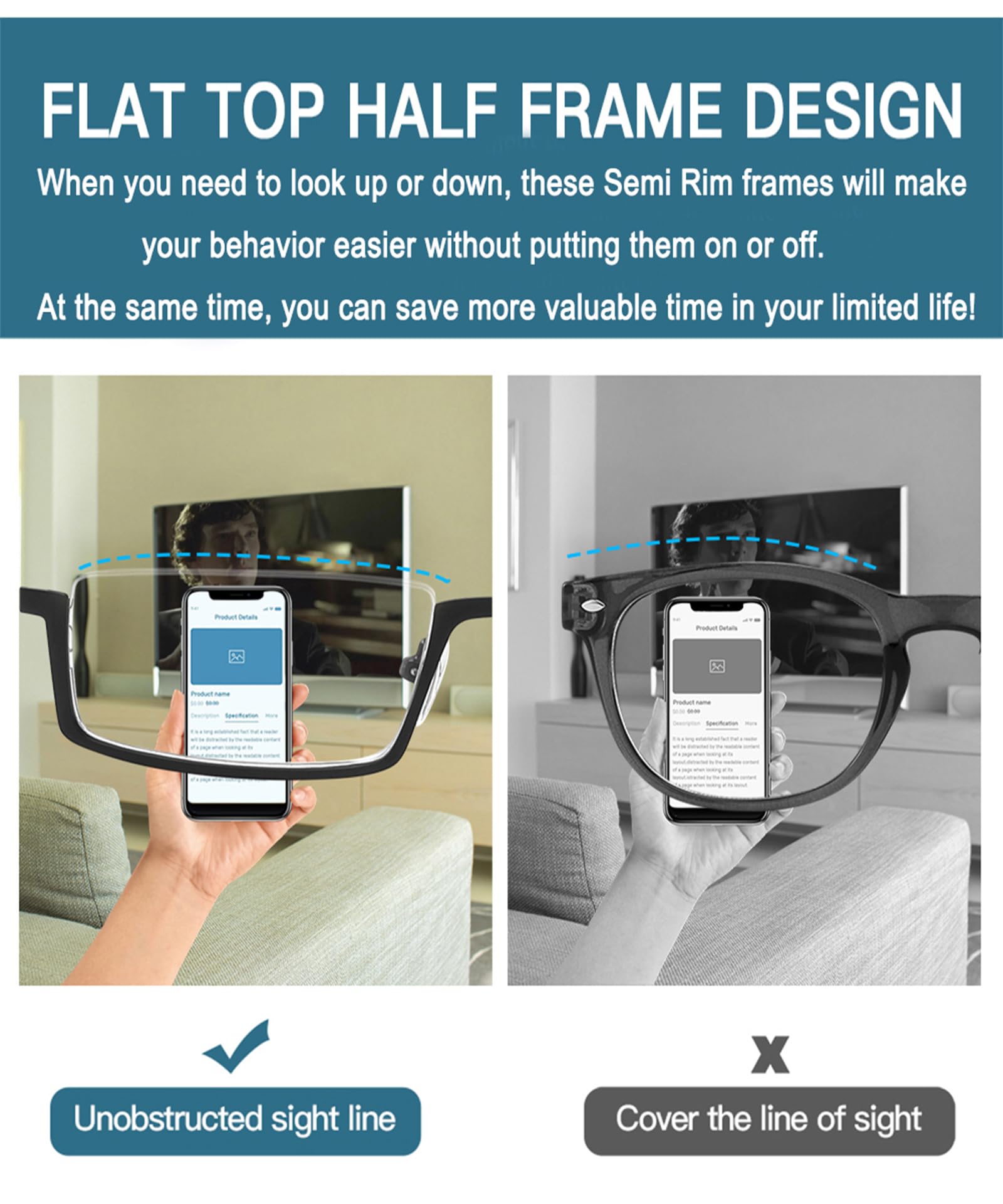 SDPIQDS 2 Pairs Half Moon Frame Reading Glasses Blue Light Blocking,Semi Rim Spring Hinge Metal Readers with Cases Women Men 2.0X