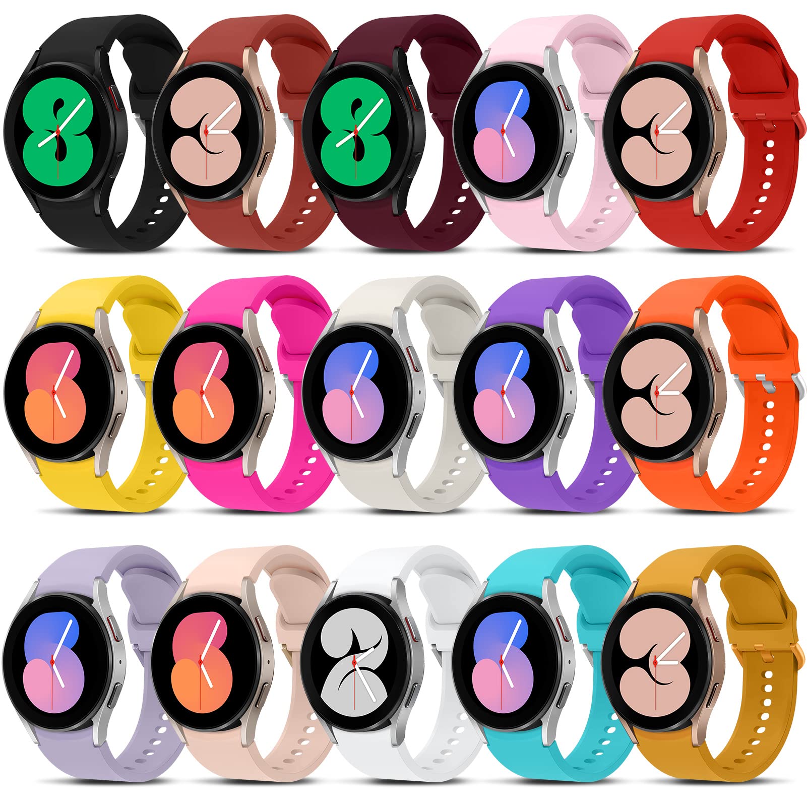 15Pack Galaxy Watch 7/6/5/4/FE Band 44mm 40mm,for Samsung Galaxy Watch 6/4 Classic Band 47mm 43mm 46mm 42mm Women Men,Silicone Sport Strap Galaxy Watch 5 pro 45mm,No Gap Bracelet Replacement Wristband