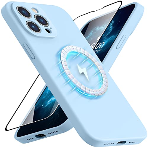 Vooii Compatible with MagSafe iPhone 14 Pro Max Magnetic Case,[Soft Microfiber Lining] [Full Camera Protective] [9H Screen Protector] Liquid Silicone Shockproof Case for iPhone 14 Pro Max - Light Blue
