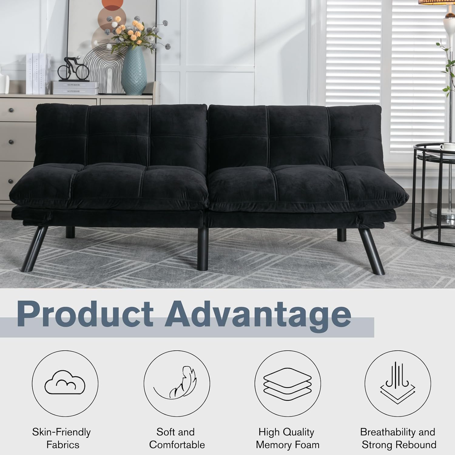 Convertible Memory Foam Futon Couch Bed, Leather Futon Sofa Bed, Folding Modern Sleeper Sofa with Quick Adjustable Armrest and Backrest for Studio Apartment/Home Office/Small Space (Black) (Black)