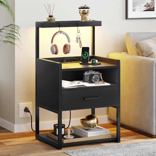 VIAGDO Nightstand with Charging Station and LED Lights, Black Night Stand with Drawer, Modern End Side Table with Open Storage Shelves, Bedside Tables for Bedroom, Office