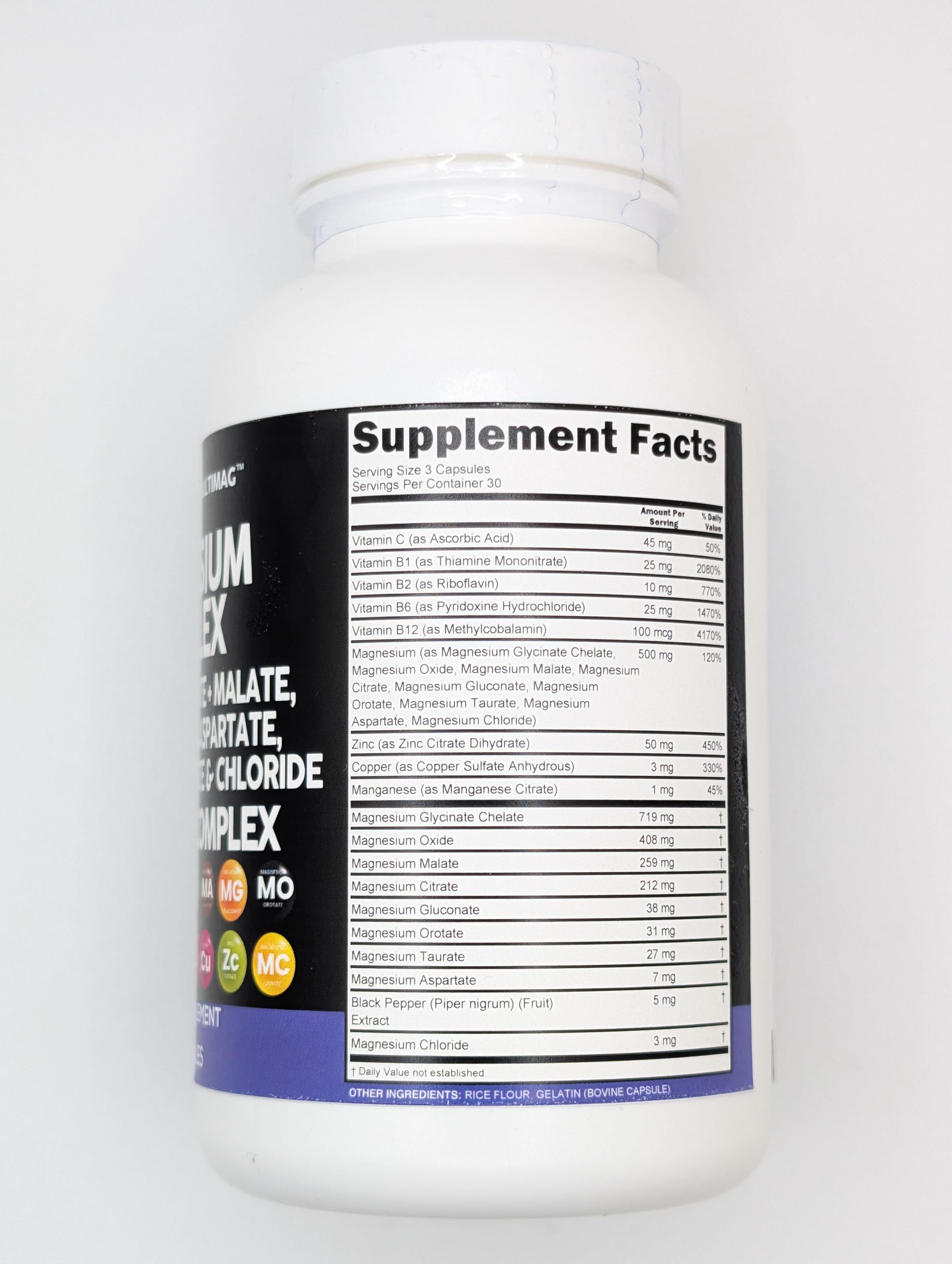 Clean Nutraceuticals Magnesium Complex with Magnesium Glycinate Citrate Malate Oxide Taurate Aspartate Orotate & Mag Chloride, Zinc Copper Manganese & Vitamin C B1 B2 B6 B12 Complex - 1Pack