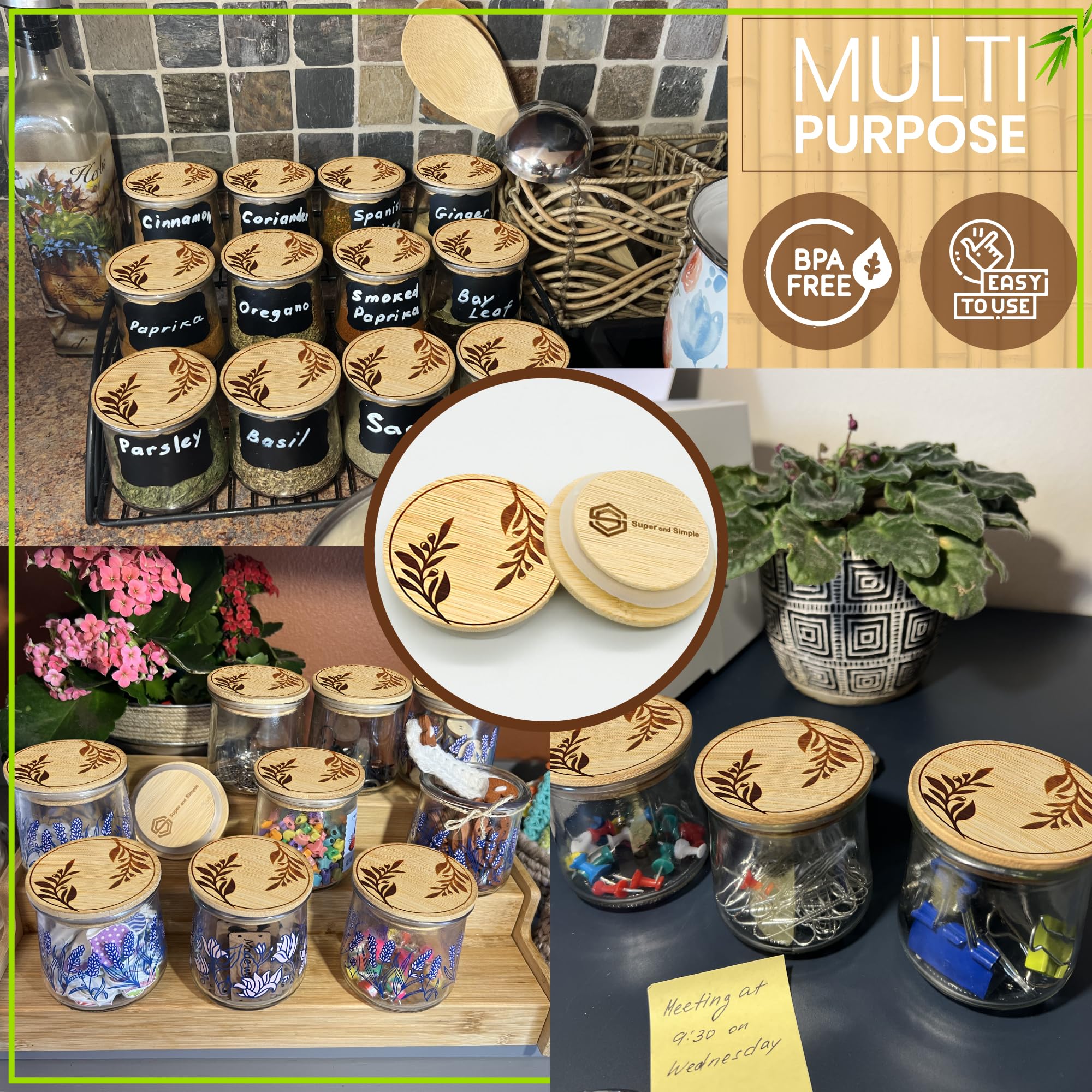 4 Oui Yogurt Jar Lids With Beautiful Olive Branches Pattern. Made of Bamboo Wood with Food Grade Silicone Sealing Ring. Durable, Food-Safe, Airtight Fit. Oui Yogurt Jar Lids for Regular or Petite Jars