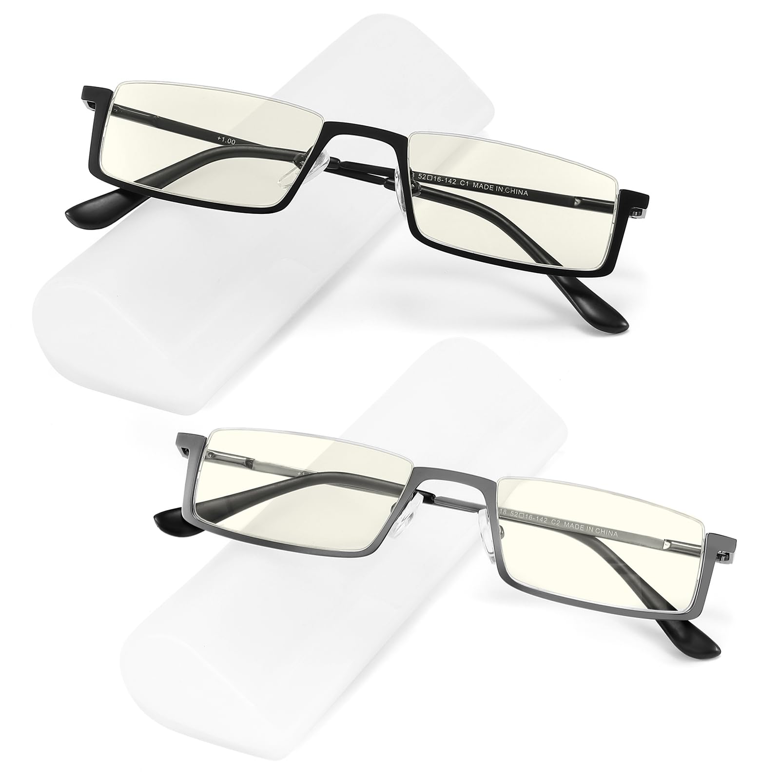 SDPIQDS 2 Pairs Half Moon Frame Reading Glasses Blue Light Blocking,Semi Rim Spring Hinge Metal Readers with Cases Women Men 2.0X