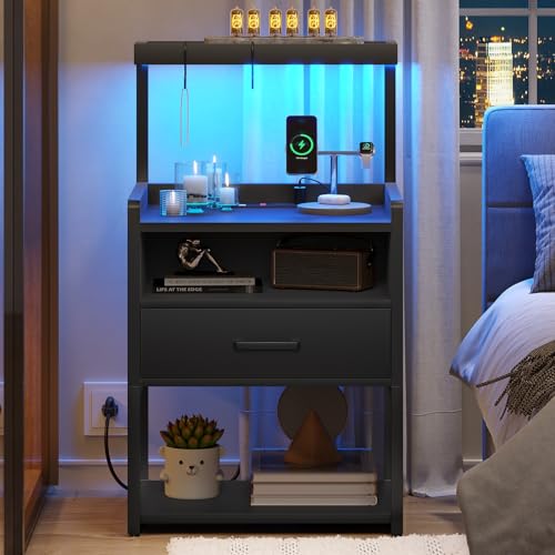 VIAGDO Nightstand with Charging Station and LED Lights, Black Night Stand with Drawer, Modern End Side Table with Open Storage Shelves, Bedside Tables for Bedroom, Office