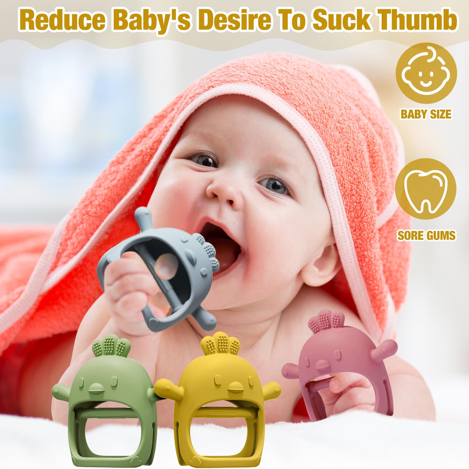 4 Packs Baby Teething Toy Silicone Teething Toys for Babies 0-6 Months Anti Dropping Wrist Hand Teethers Mitten Chick Baby Chew for Sucking Needs