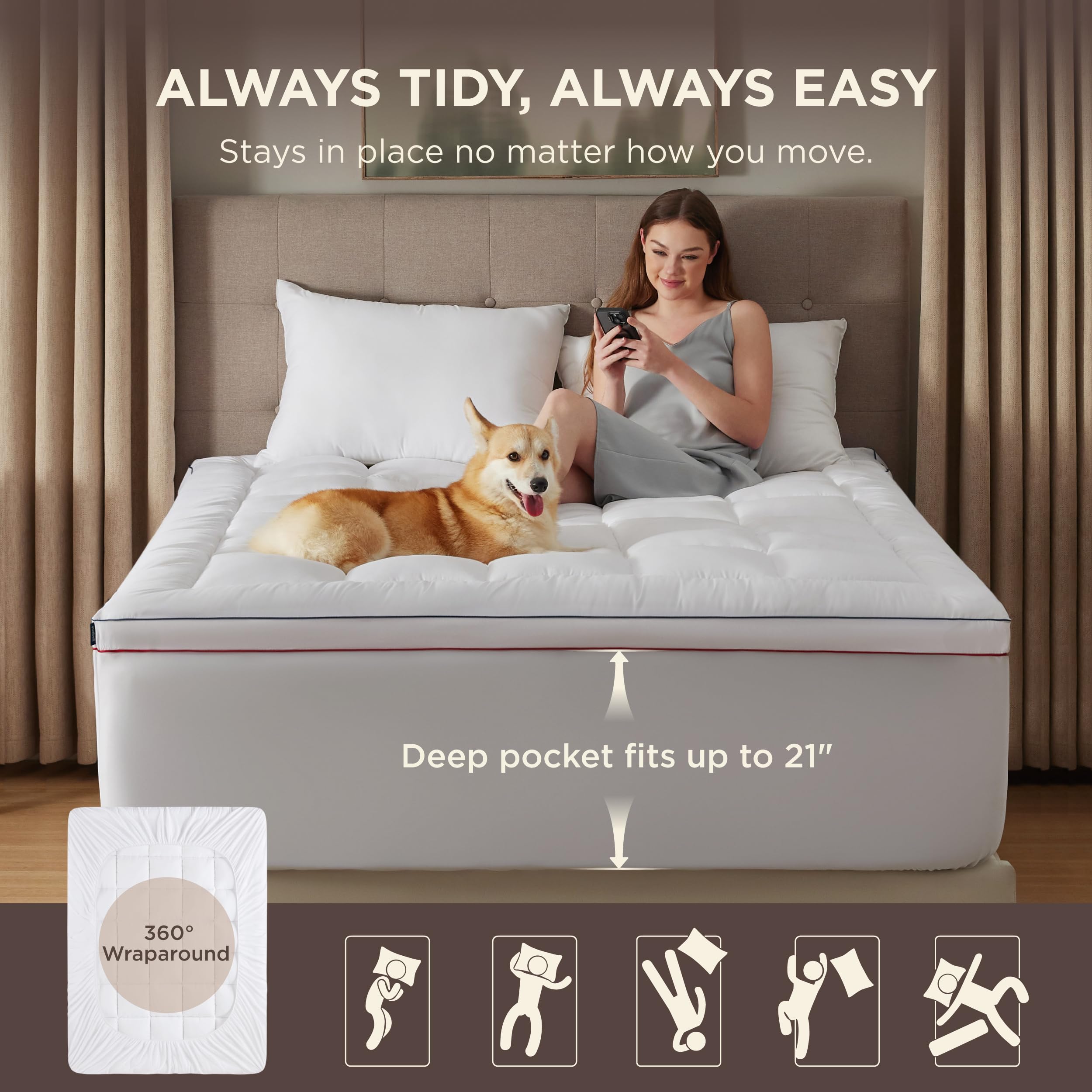 Bedsure Twin XL Mattress Topper Dorm Bedding - Extra Thick Mattress Pad Cover with Deep Pocket, Plush Soft Pillow-Top Bed Topper for Back Pain Relief, Overfilled with Down Alternative Filling, White