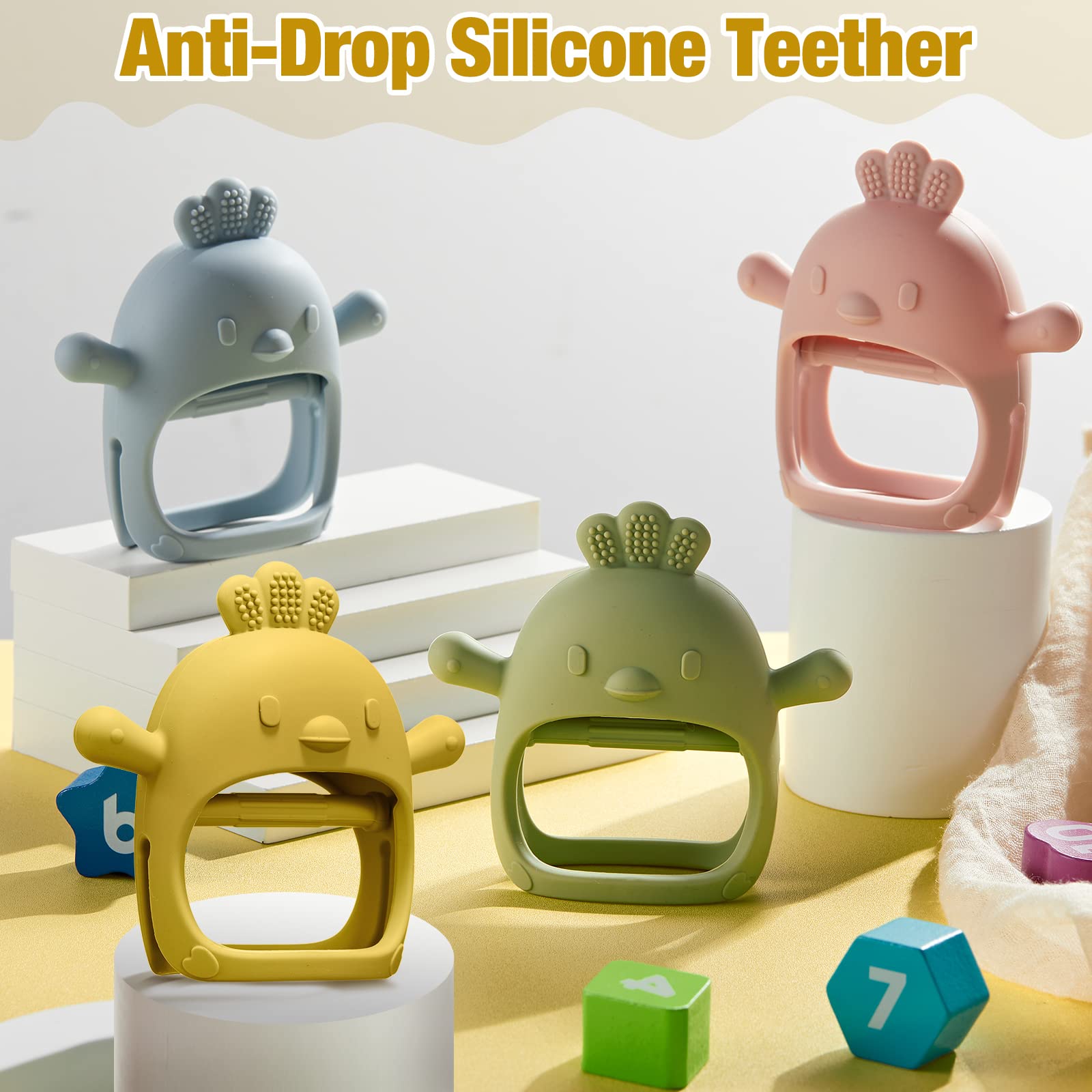 4 Packs Baby Teething Toy Silicone Teething Toys for Babies 0-6 Months Anti Dropping Wrist Hand Teethers Mitten Chick Baby Chew for Sucking Needs
