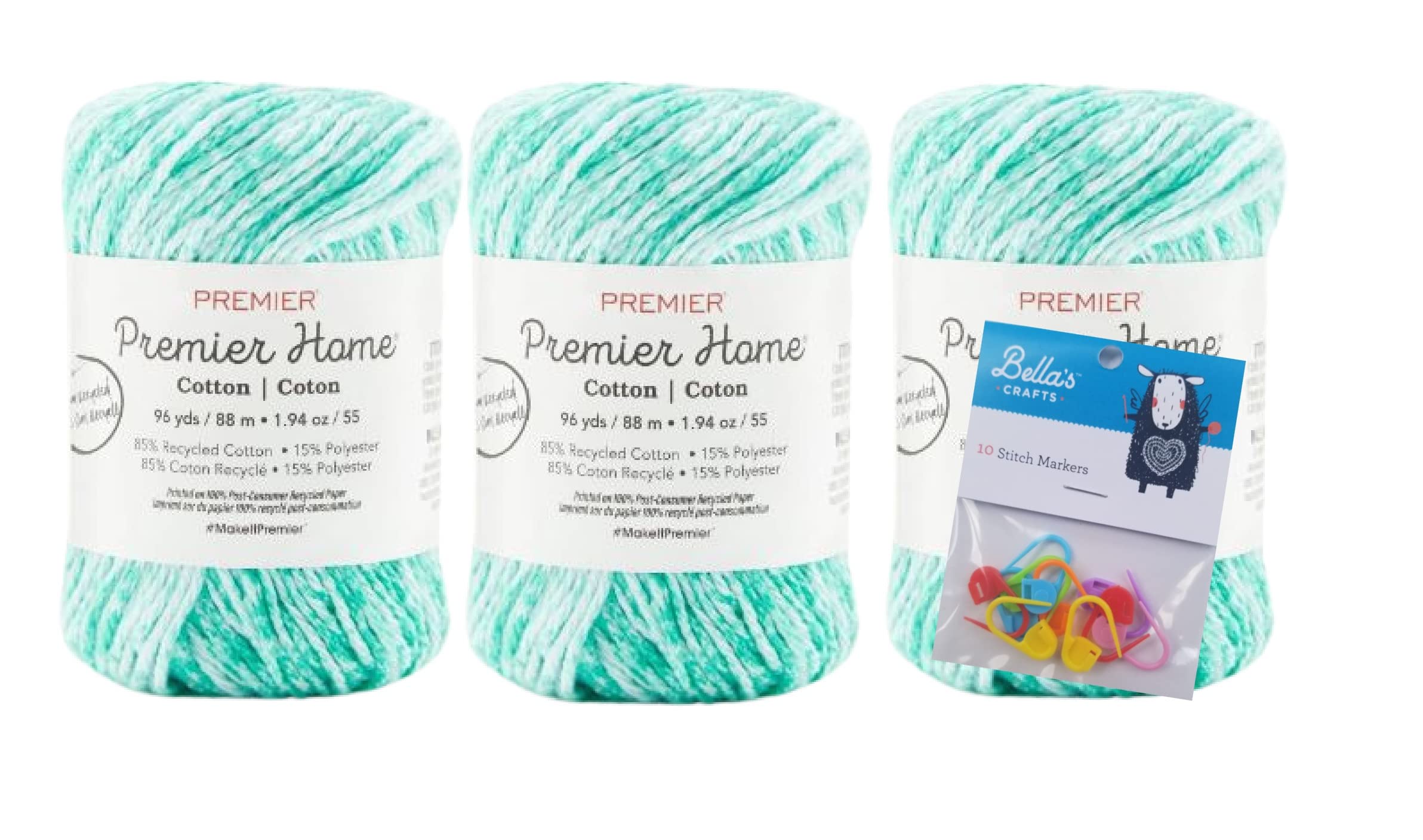 Premier Home Cotton Yarn 3-Pack - 1.94 Oz - Medium 4 - Bundle with Bella's Crafts Stitch Markers (Spring Green Splash)