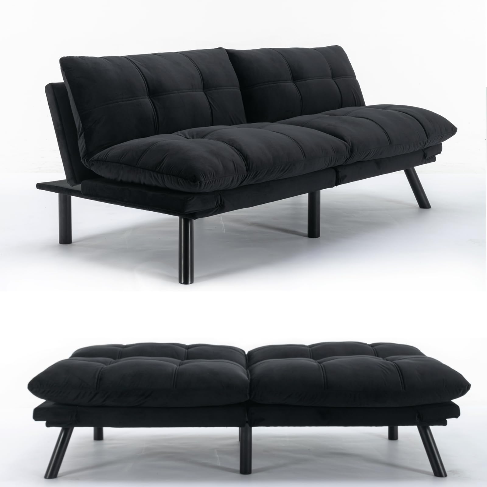 Convertible Memory Foam Futon Couch Bed, Leather Futon Sofa Bed, Folding Modern Sleeper Sofa with Quick Adjustable Armrest and Backrest for Studio Apartment/Home Office/Small Space (Black) (Black)