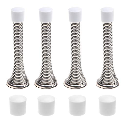 Kare & Kind 4X Spring Door Stoppers (Silver) - Screw-in Flexible Steel Stoppers with White Rubber Bumper Tips - Protect Walls from Bumps, Marks and Damages - Kid and Pet Safe - for Homes, Offices