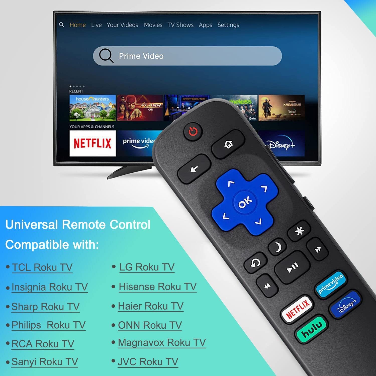 Universal TV Remote Control for All Roku TV + Night Glow Remote Case, Ukiism Replacement Remote for TCL Roku/Hisense Roku/Sharp Roku TV,TV Remote with Netflix Disney+/Hulu/Prime Video