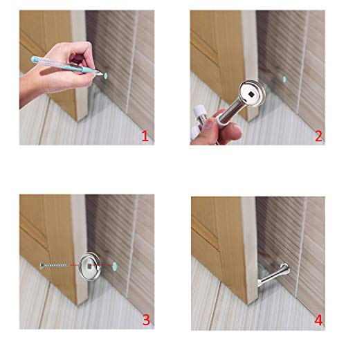 Kare & Kind 4X Spring Door Stoppers (Silver) - Screw-in Flexible Steel Stoppers with White Rubber Bumper Tips - Protect Walls from Bumps, Marks and Damages - Kid and Pet Safe - for Homes, Offices