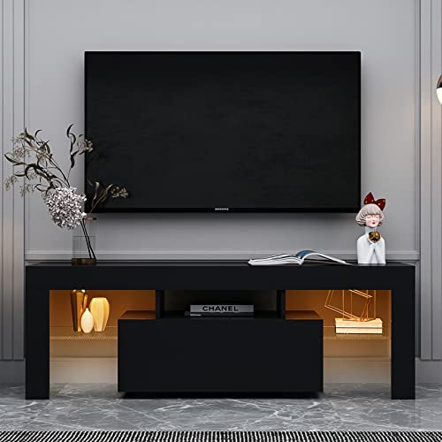 Rayblow 55" Flat Screens Entertainment Center High Glossy TV Stand for Living Room Modern Media TV Console Cabinet with LED Light & Storage Drawers Unit, Black