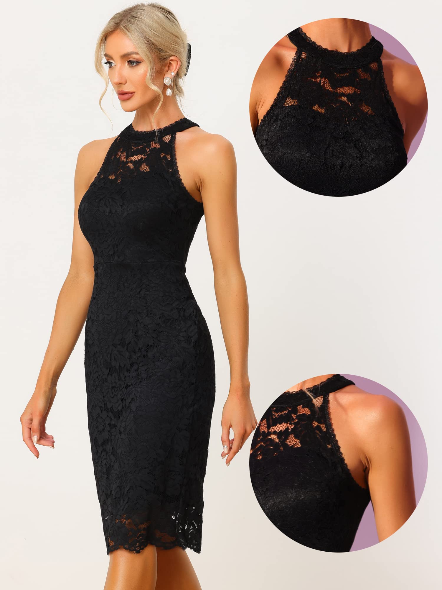 Allegra K Halter Formal Dress for Women's Sleeveless Bodycon Wedding Guest Cocktail Lace Sheath Dress Large Black