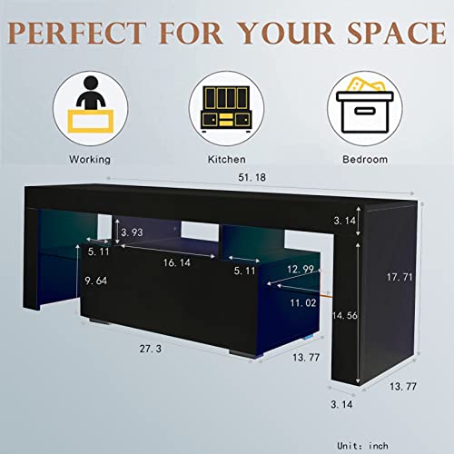 Rayblow 55" Flat Screens Entertainment Center High Glossy TV Stand for Living Room Modern Media TV Console Cabinet with LED Light & Storage Drawers Unit, Black