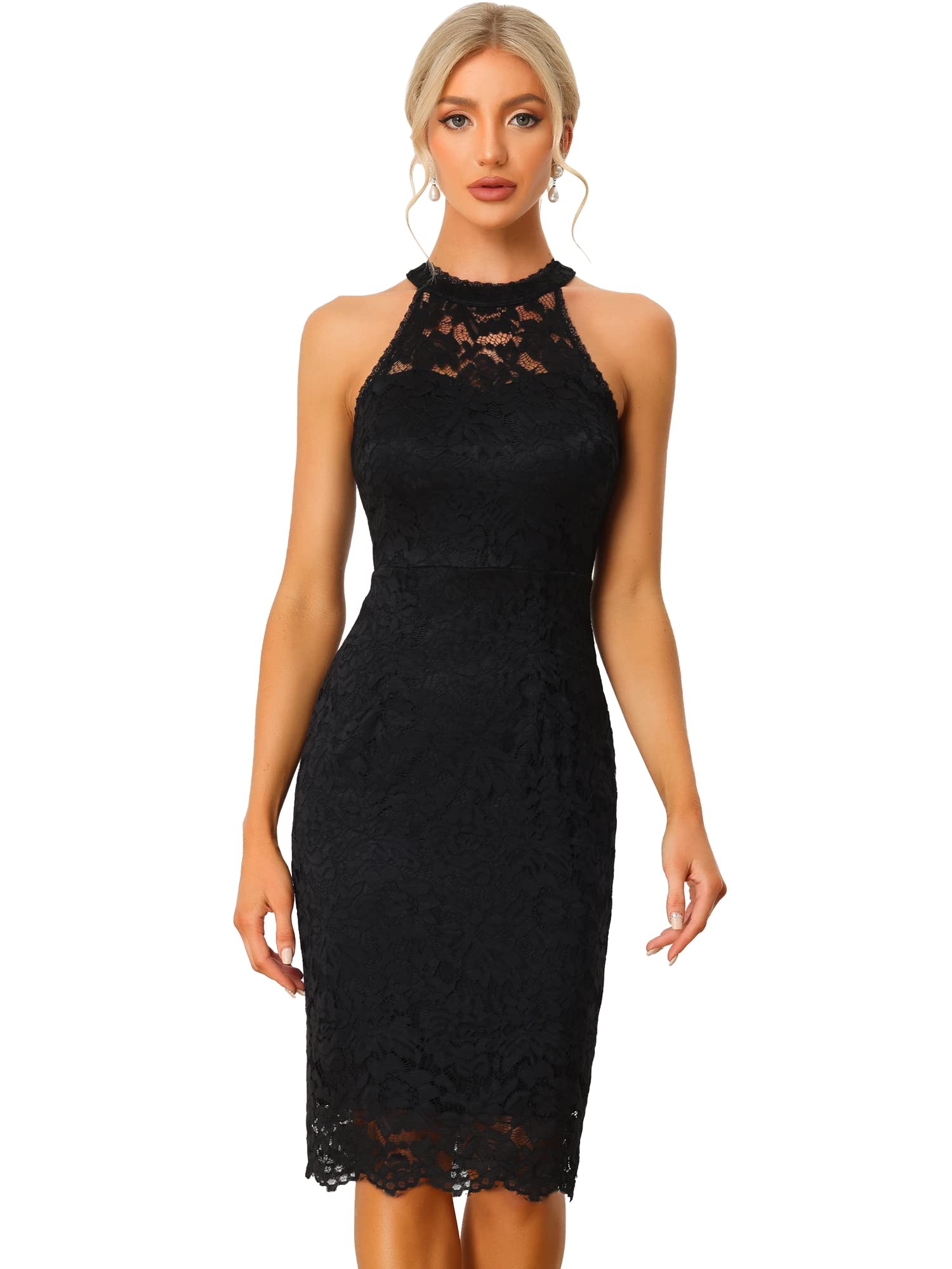 Allegra K Halter Formal Dress for Women's Sleeveless Bodycon Wedding Guest Cocktail Lace Sheath Dress Large Black