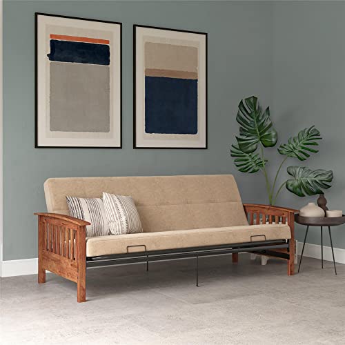 DHP Brixen Cherry Wood Arm Metal Futon Frame with 6-Inch Mattress, Full, Tan