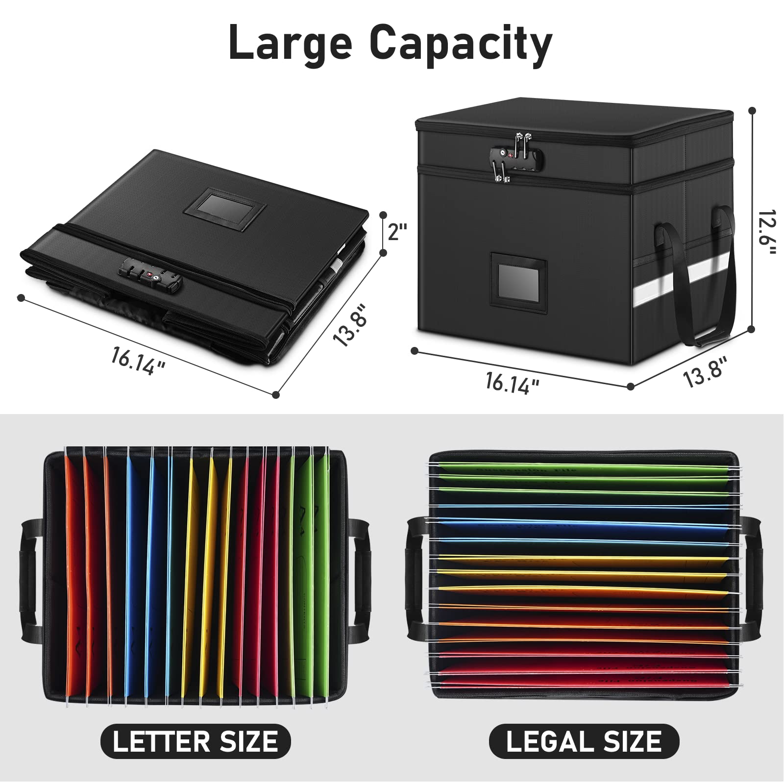 JLMY Fireproof Fiberglass Silicone 2 Layer Portable File Box with Lock for Letter Legal Size Folder Certificate Book Storage, Black, 42L