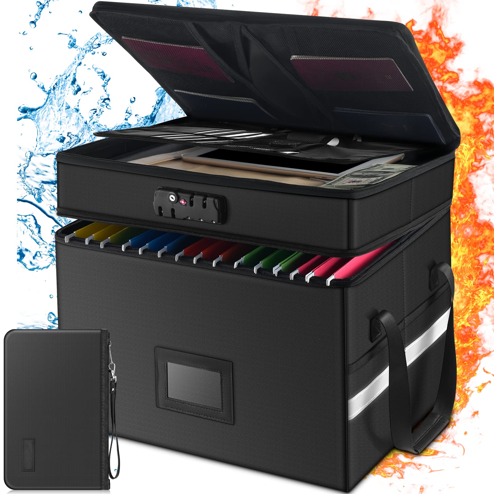 JLMY Fireproof Fiberglass Silicone 2 Layer Portable File Box with Lock for Letter Legal Size Folder Certificate Book Storage, Black, 42L