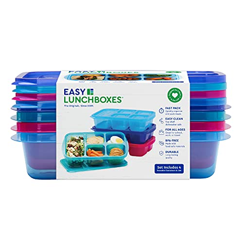 EasyLunchboxes® - Patent-Pending Bento Lunch Boxes - Reusable 5-Compartment Food Containers for School, Work, and Travel, Set of 4, (Jewel Brights)