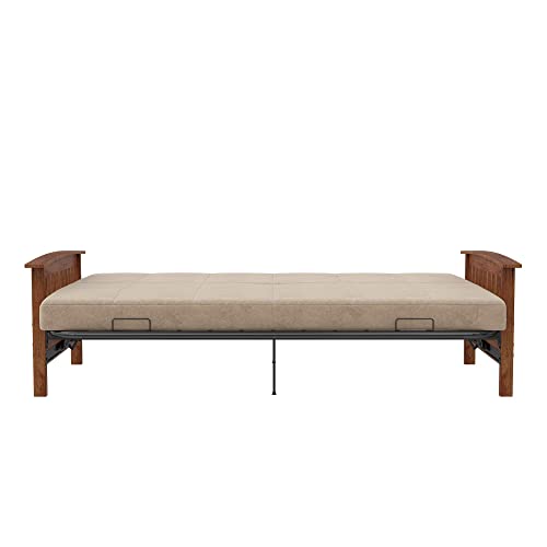 DHP Brixen Cherry Wood Arm Metal Futon Frame with 6-Inch Mattress, Full, Tan