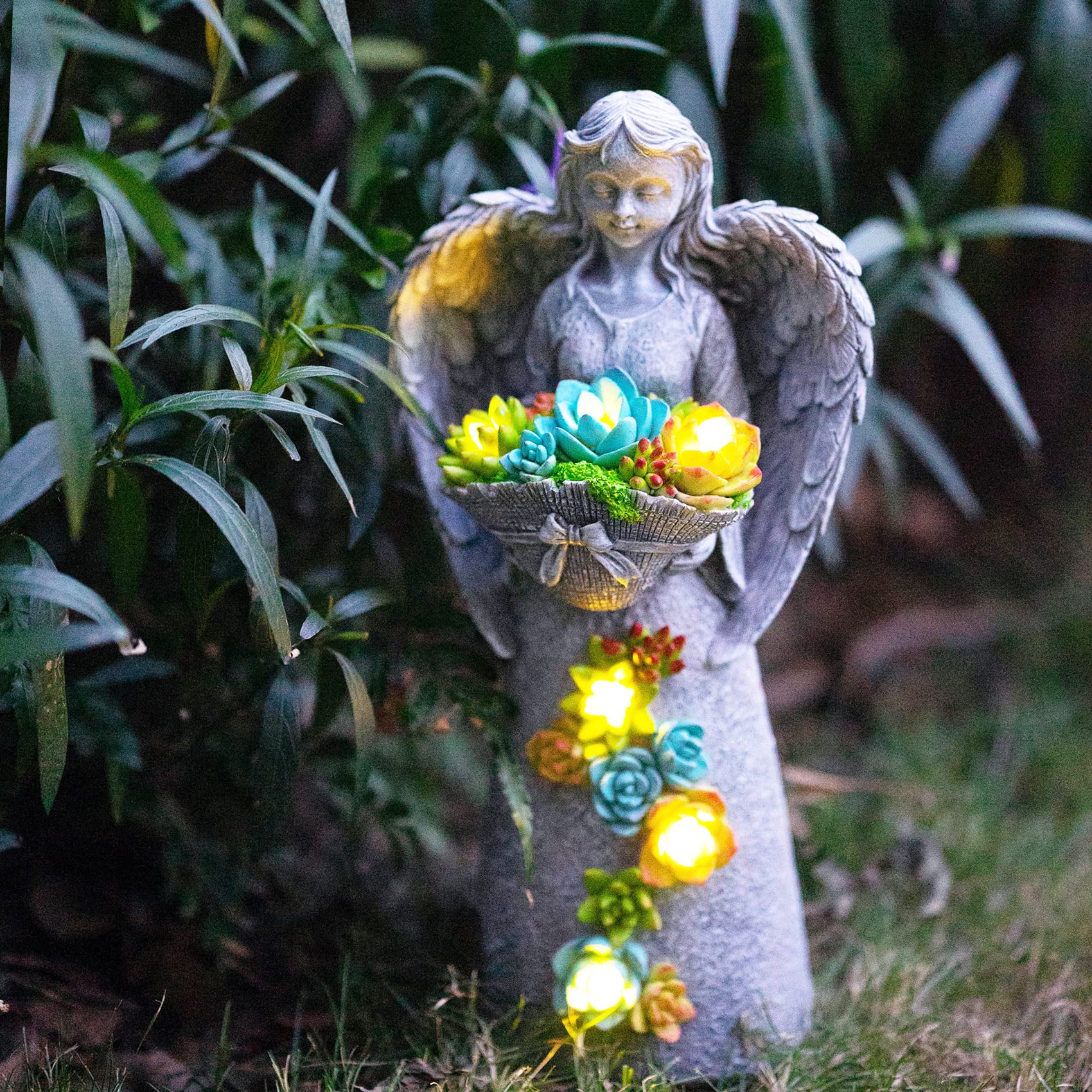 Clayflower Garden Statues, Solar Angel Figurines Succulents Cute with 6 LED Lights Garden Sculptures Decorations for Outside, Mom, Patio, Balcony, Yard, Lawn - Worth Gifts