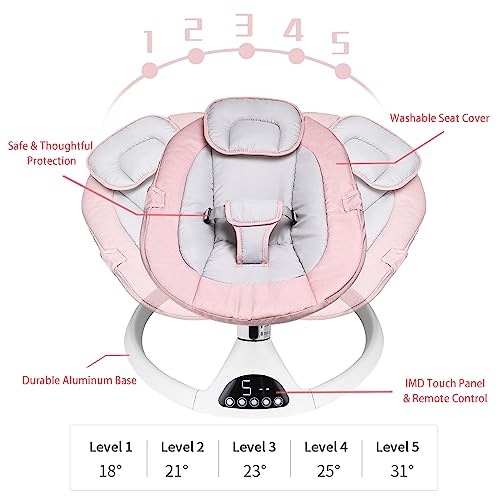 T TICCI Baby Swings for Infants, 5 Speed Bluetooth Baby Bouncer, Motorized Bluetooth Swing, Built-in 3 Timer Settings, Music Speaker, Remote Control, 0-6 Months (Pink)