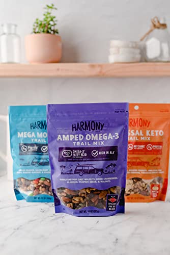 Harmony Trail Mix Variety Pack with 13-Oz. Mega Mountain, 10-Oz. Colossal Keto, and 10-Oz. Amped Omega-3 Trail Mix