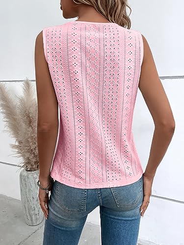 SweatyRocks Women's Floral Lace V Neck Tank Top Casual Hollow Out Sleeveless T Shirt Pink S