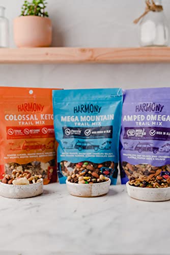Harmony Trail Mix Variety Pack with 13-Oz. Mega Mountain, 10-Oz. Colossal Keto, and 10-Oz. Amped Omega-3 Trail Mix